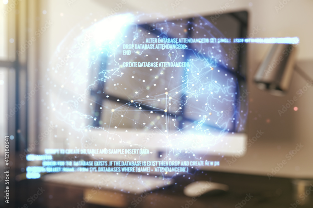 Multi exposure of abstract creative coding sketch with world map on ...