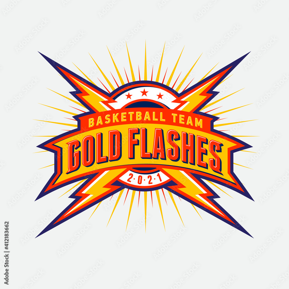 "Gold Flashes" sport team logo. Circle shield, letters and flashes or ...