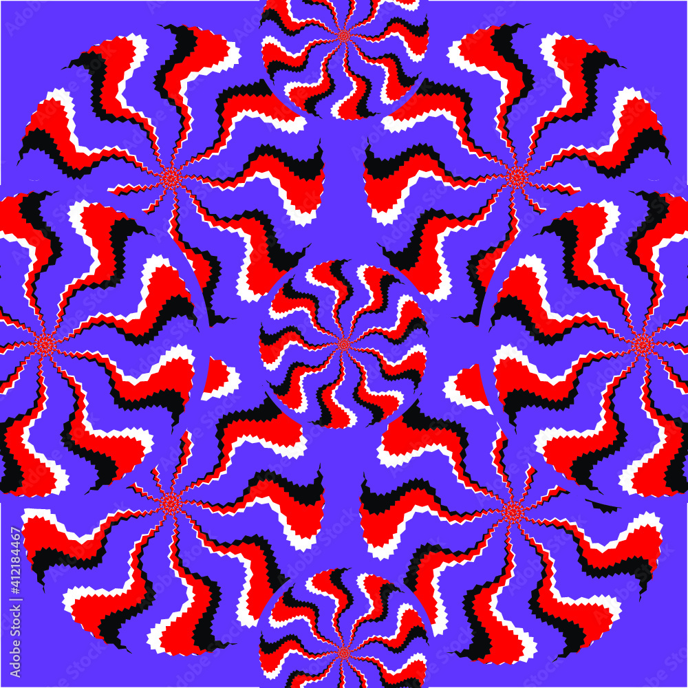 Jagged circular patterns appear to rotate in an abstract background ...