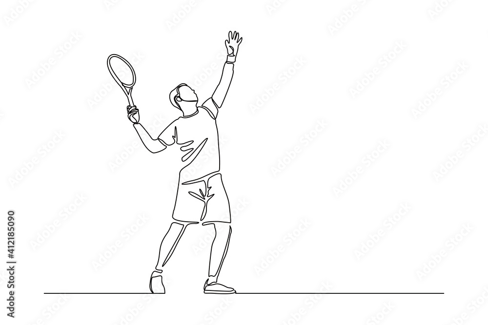 Continuous line drawing of man playing tennis tournament. Single one ...