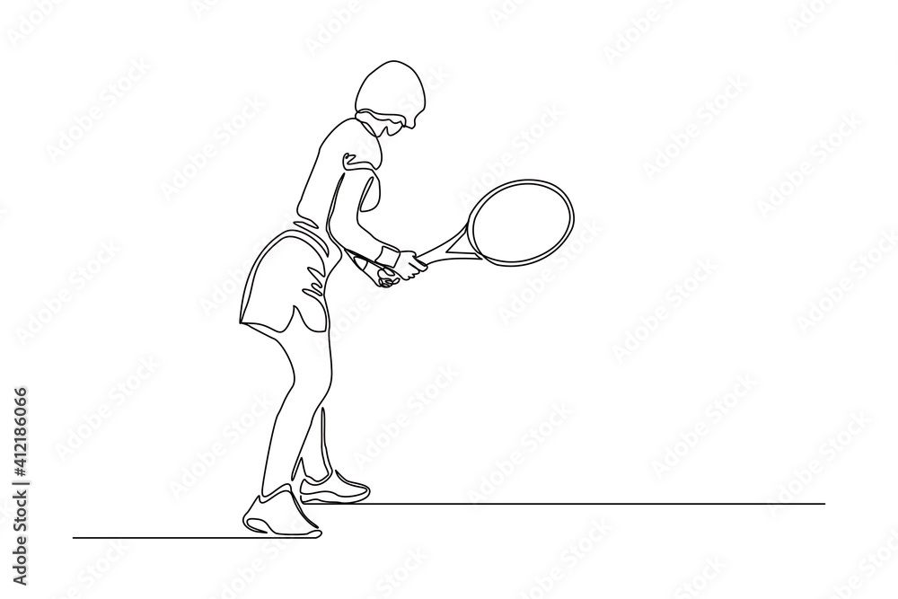 Continuous line drawing of woman playing tennis tournament. Single one ...