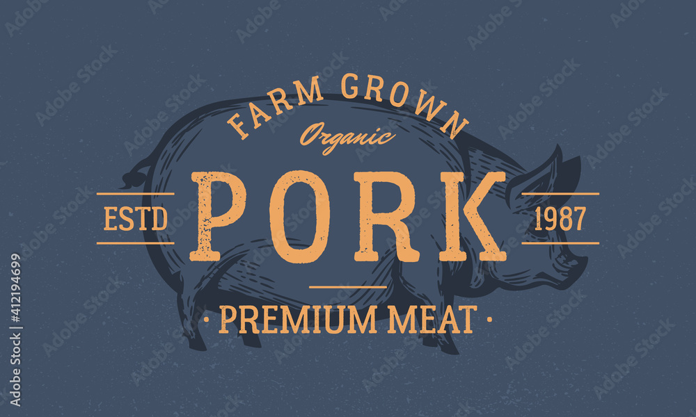 Pork logo. Pig isolated on dark blue background. Pig silhouette. Pork ...