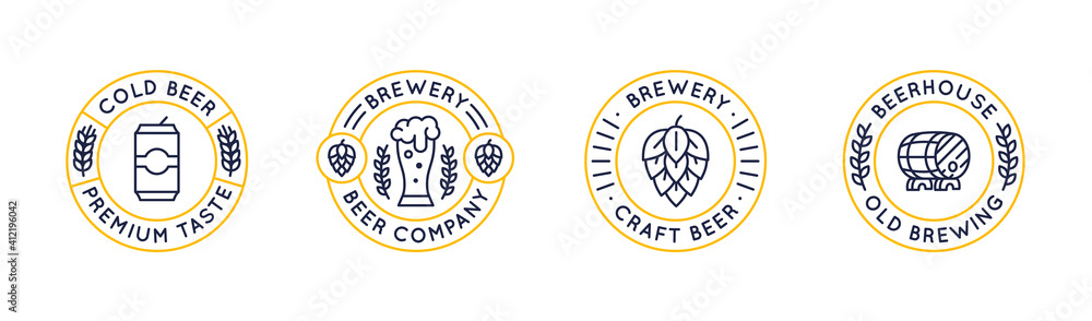 Set of 4 beer logos and labels. Circle vintage beer icons with glass ...