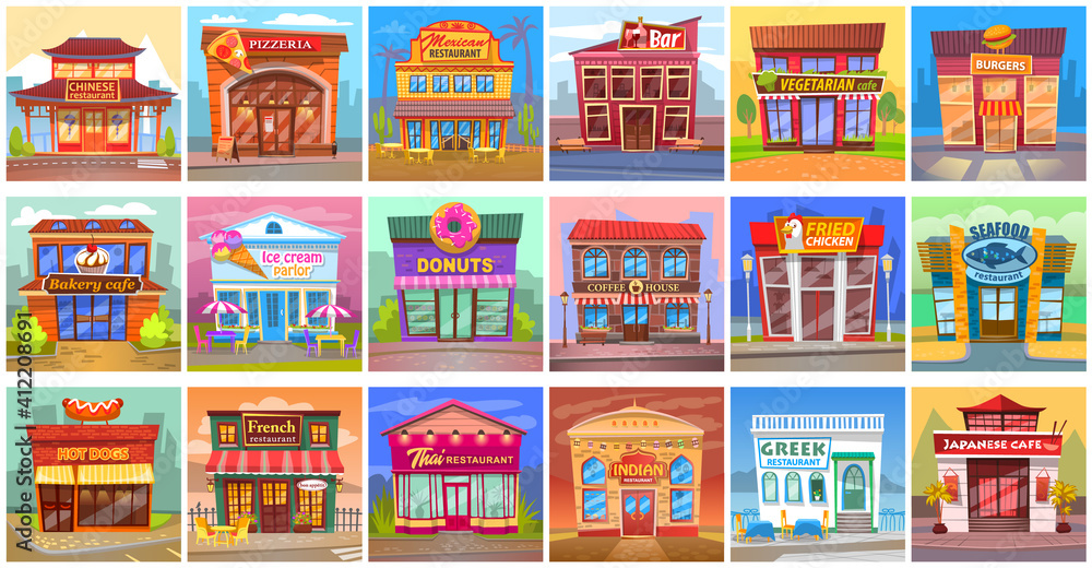 Diners and eateries vector, restaurants serving food of nationalities ...