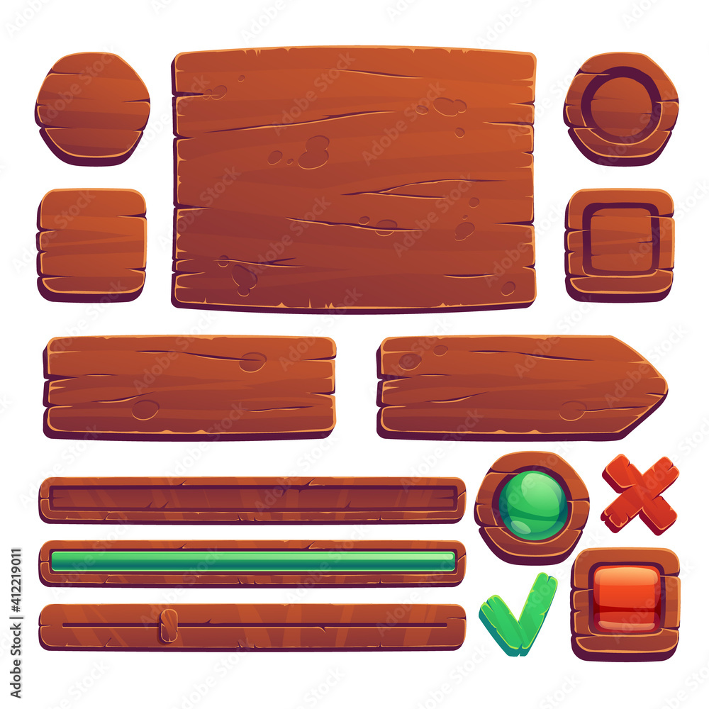 Wooden game buttons, cartoon game interface of wood texture, menu ...