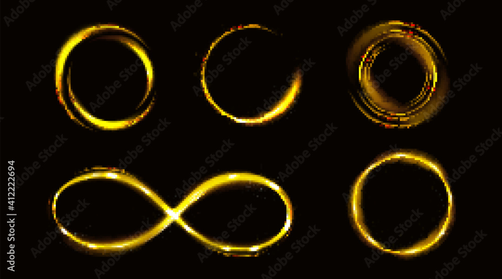 Vetor de Glow gold infinity symbol and circles with sparkles, golden frames, shiny borders with ...