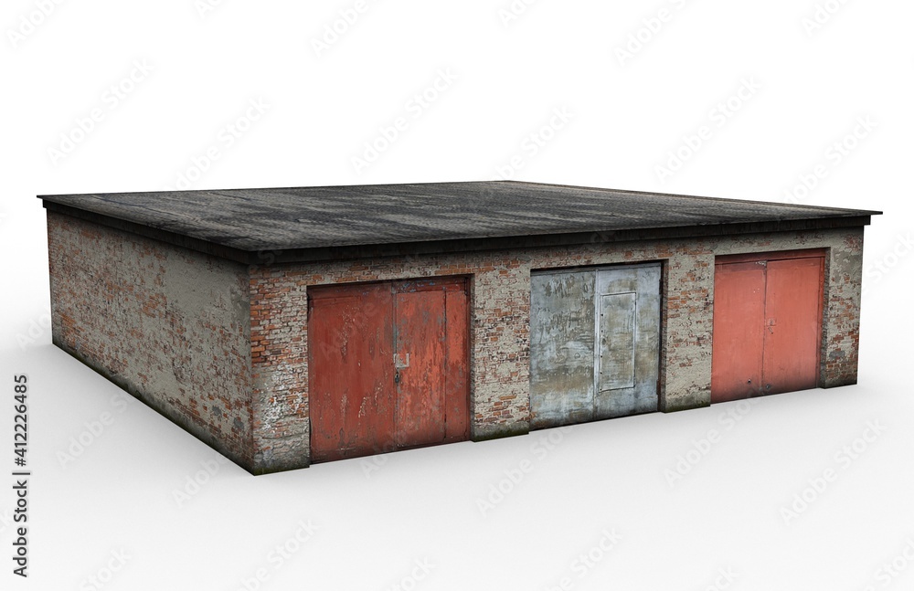 Old garage render on a white background. 3D rendering Stock ...