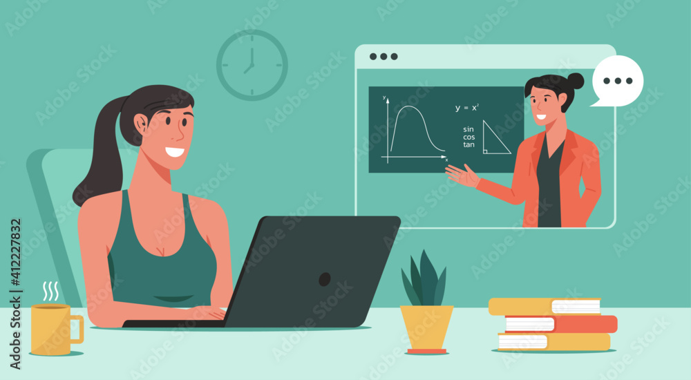 E-learning or online education, home school, woman teacher teaching on ...