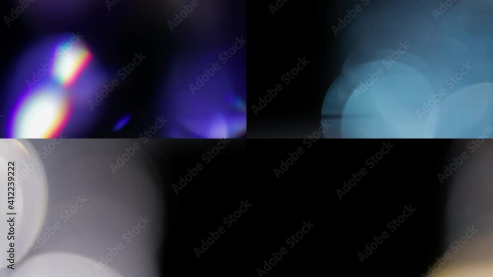 Vidéo Stock Multi-screen shot of multicolored light leaks 4k footage on black background. Lens ...
