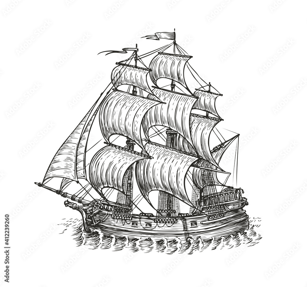 Vintage wooden ship with sails. Navigation sketch vector illustration ...