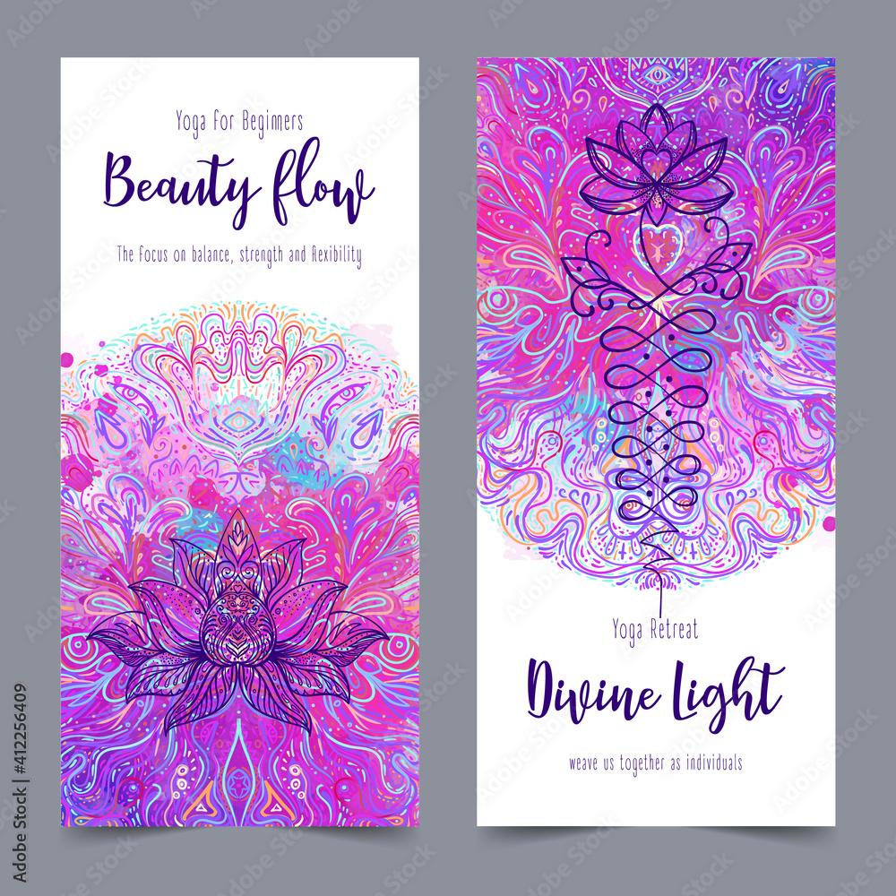 Yoga card, flyer, poster, mat design. Colorful design template for ...