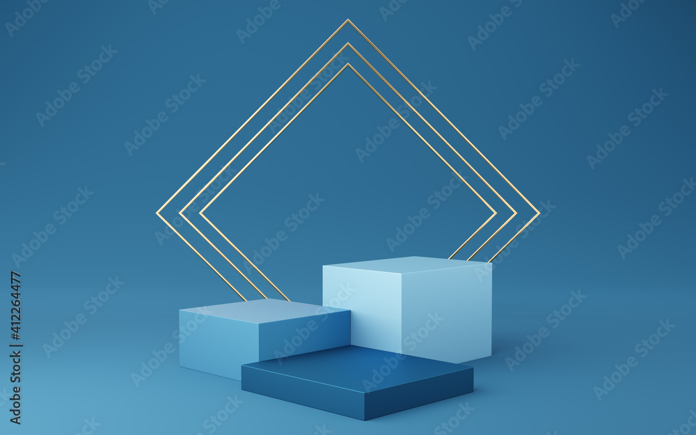 Empty blue cube podium and gold square on blue background. Abstract ...