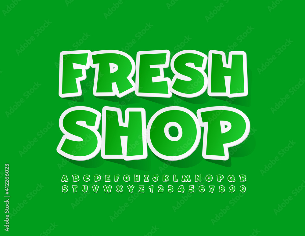 Vector green logo Fresh Shop. Creative modern Font. Sticker Alphabet ...