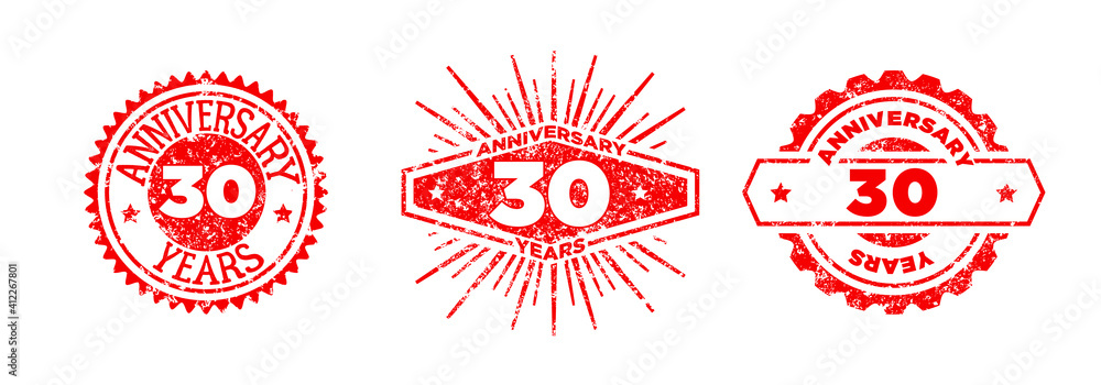 A group of 30 years anniversary logos drawn in the form of stamps, red ...