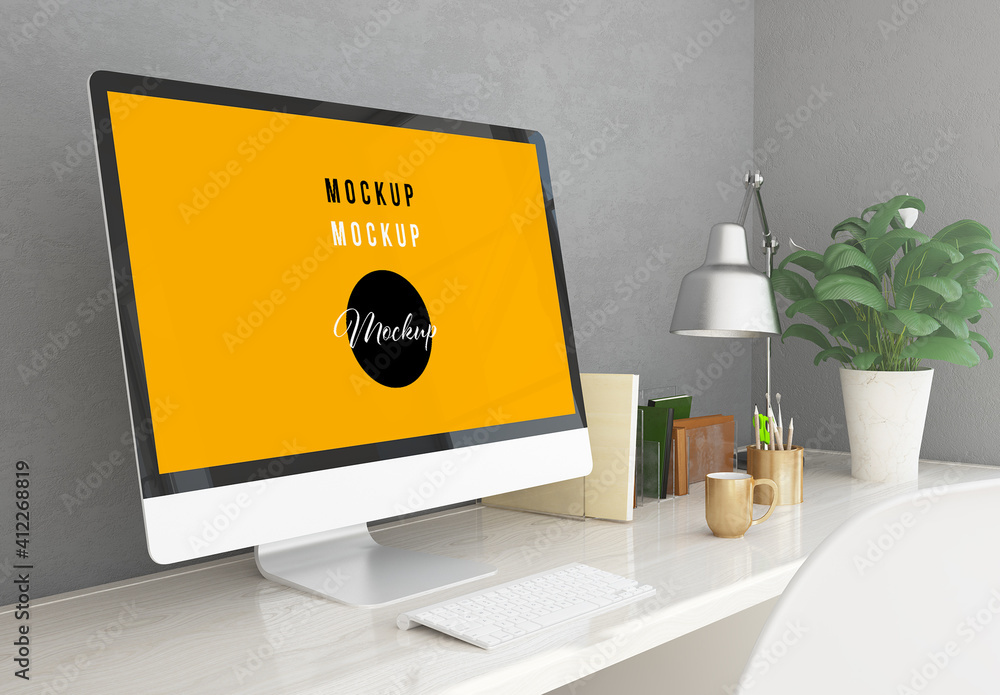 Computer at Home Office Mockup Stock Template | Adobe Stock