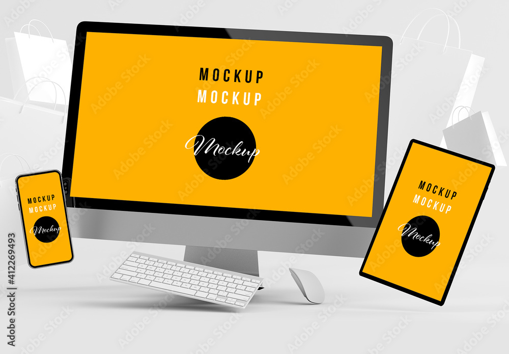 Floating Devices Mockup with White Shopping Bags Stock Template | Adobe ...