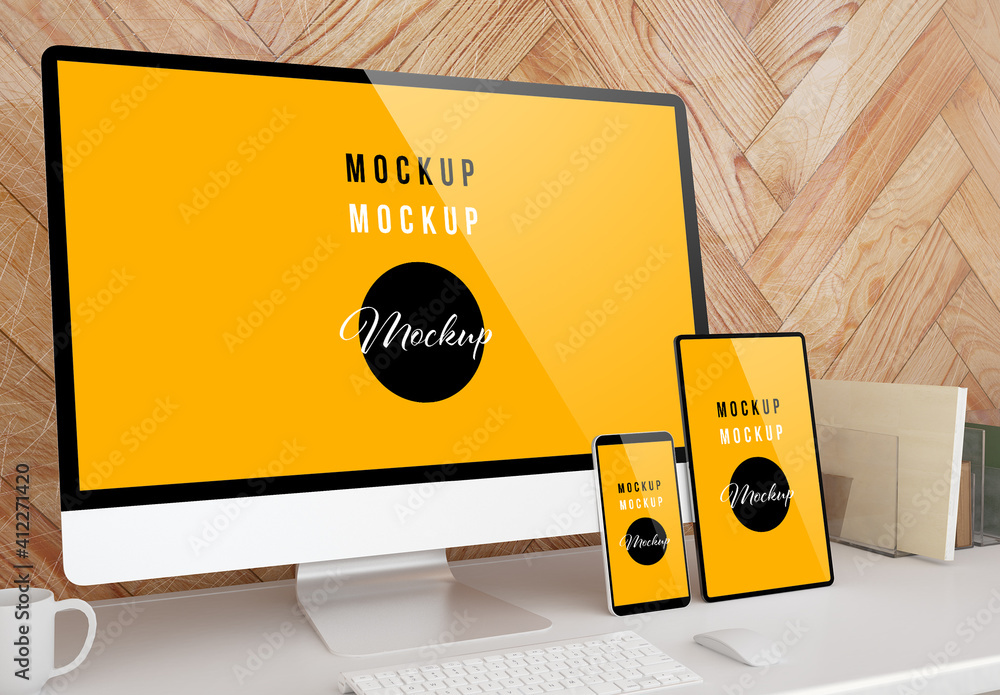 Computer, Phone and Tablet on a Desktop Mockup Stock Template | Adobe Stock