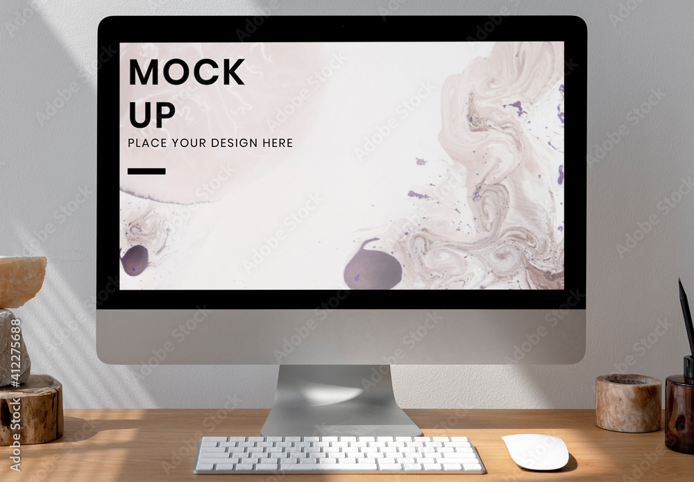 Computer Screen Mockup in Minimal Office Stock Template | Adobe Stock