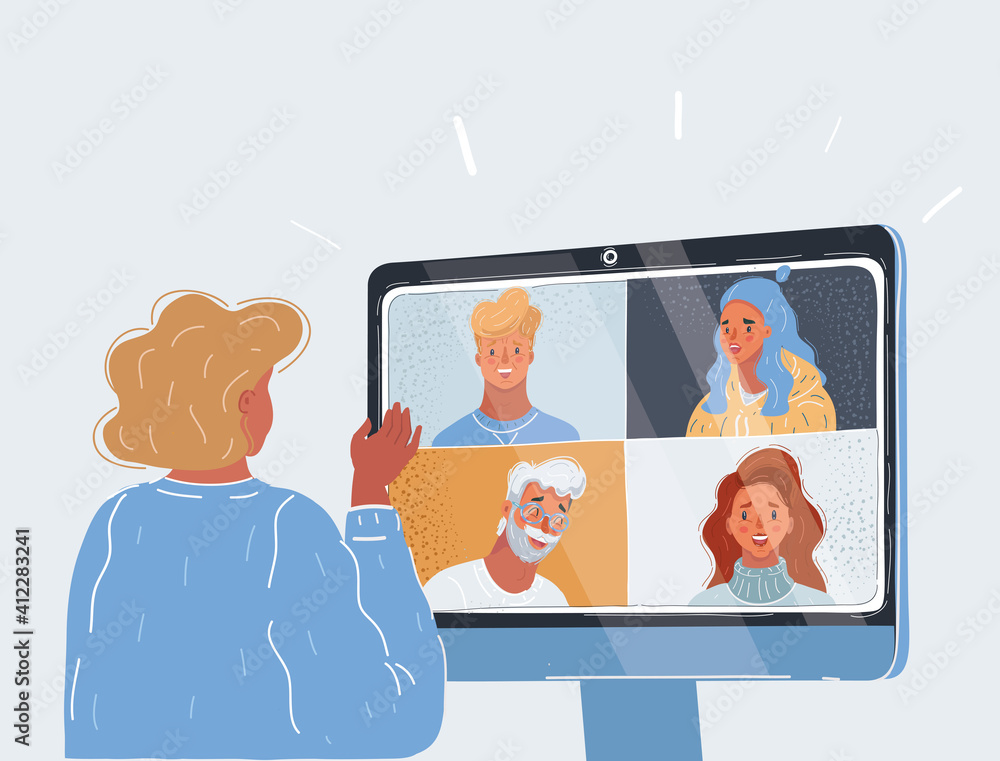 Vector illustration of Video call or conference. Woman on screen ...