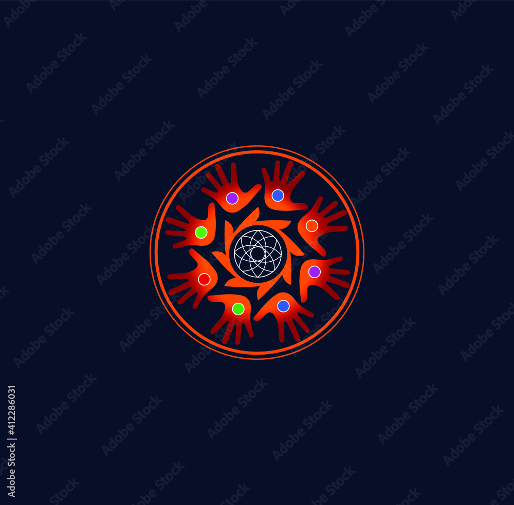 Astrology symbol. concept is 8 hands in one circle and center point sun ...
