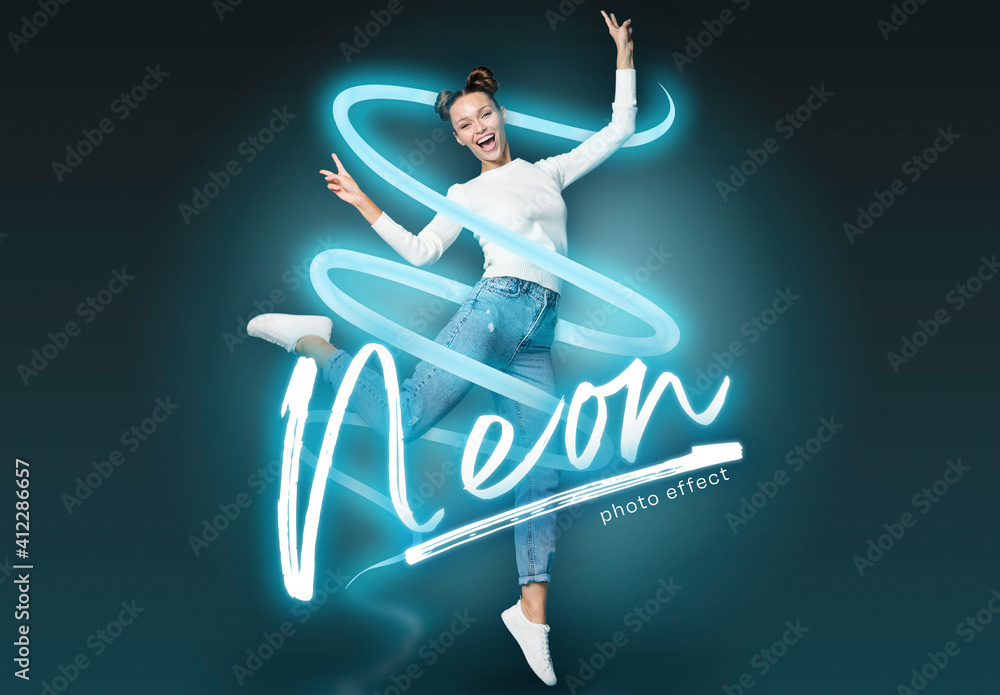 Blue Neon Photo Effect Mockup Stock Template | Adobe Stock