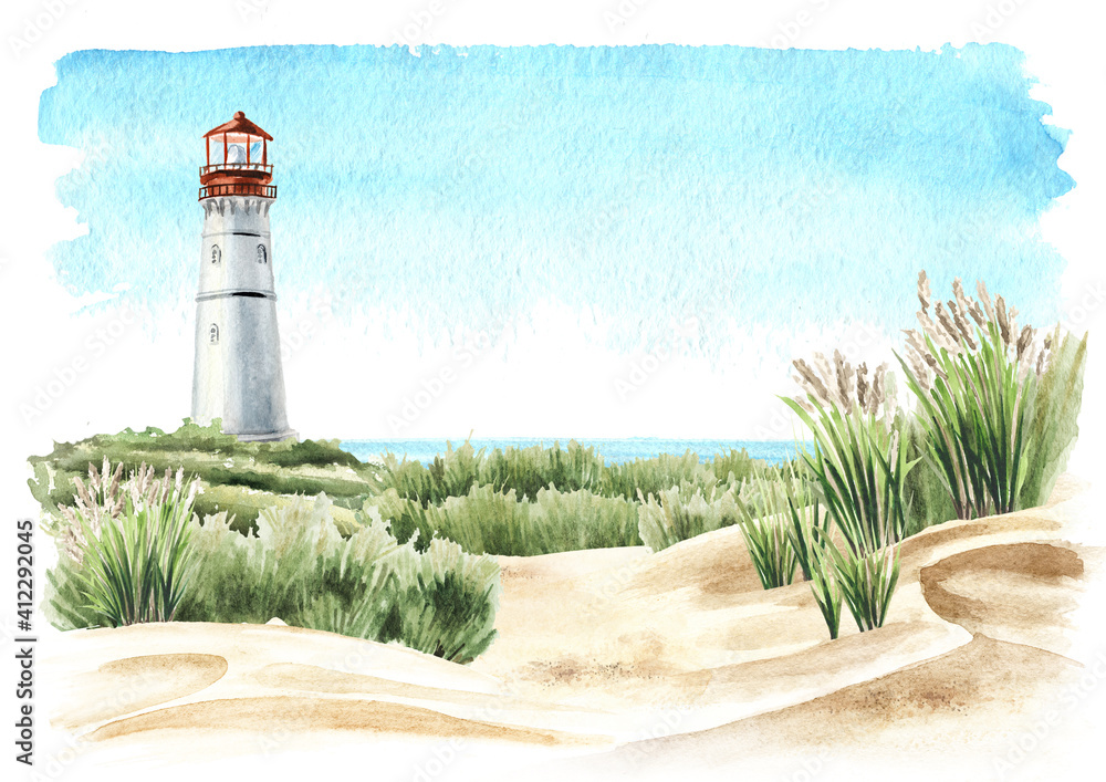 Seaside with sand dunes and old lighthouse, Hand drawn watercolor ...