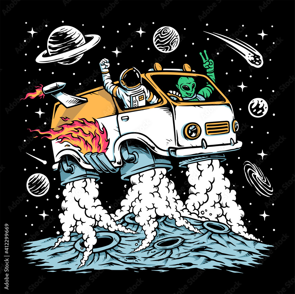 Astronaut and alien drive space car illustration Stock ベクター | Adobe Stock