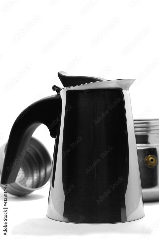 Coffee pot isolated on the white background. A studio photo showing the ...