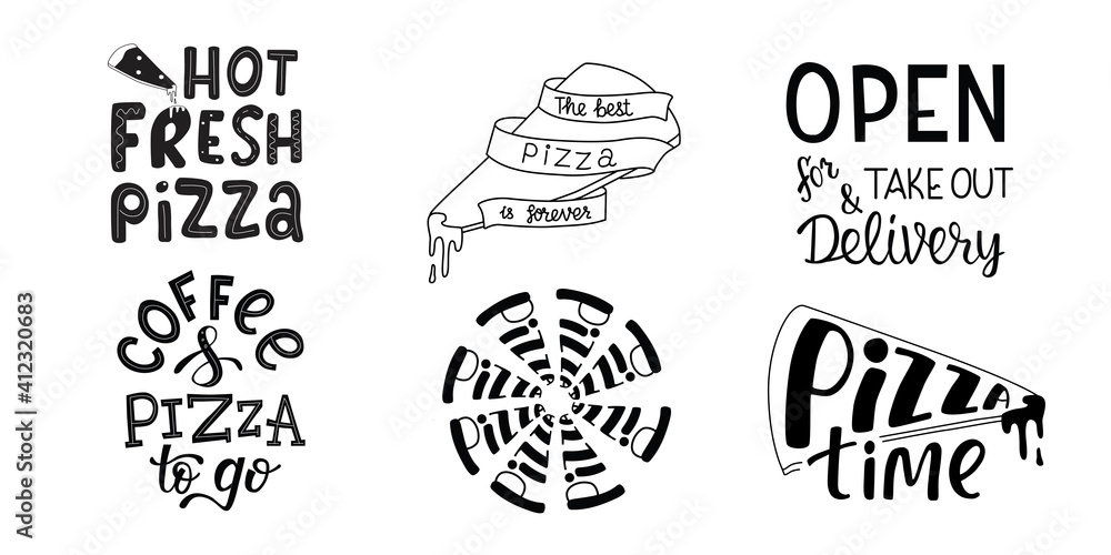 Pizza sign, quotes for delivery take away box, pizzeria poster. Vector ...