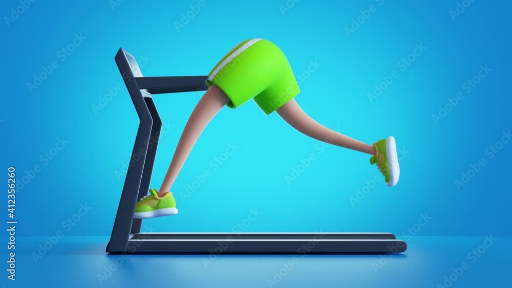 3d render, cartoon character slim legs running on treadmill isolated on ...