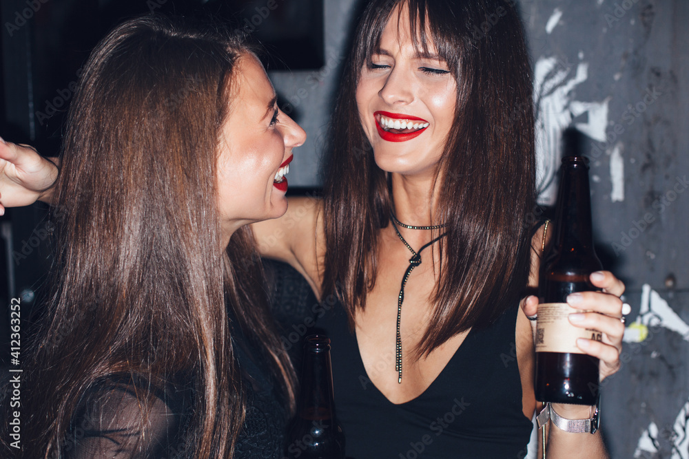 Pretty Funny Happy Laughing Crazy Girls Have Fun Together On Street