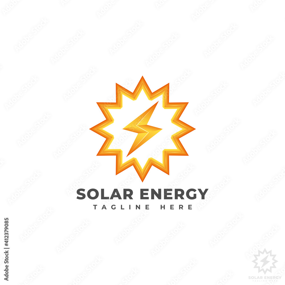 Solar Energy Logo with Sun and Lightning Concept Stock Vector | Adobe Stock