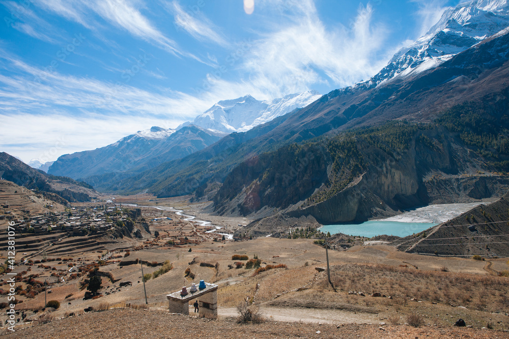 The valley of Manang on the way to the Thorang la pass with beautiful ...