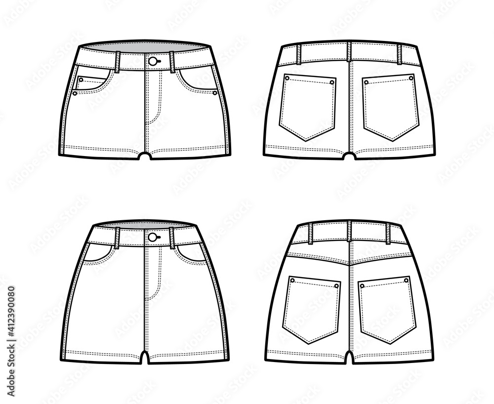 Set of Denim hot shorts pants technical fashion illustration with micro ...