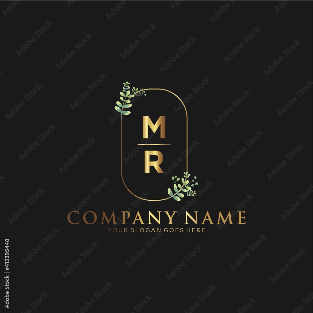 MR Beauty vector initial logo, Golden floral letters with flowers ...