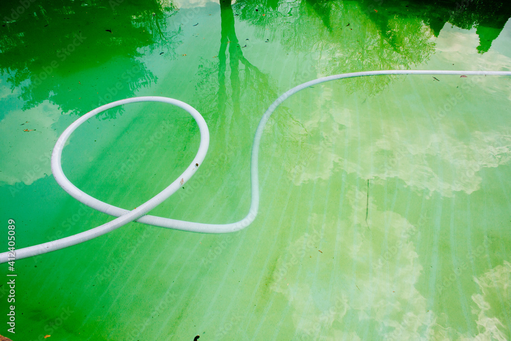 A swimming pool infested with green algae and slime. Stock Photo ...
