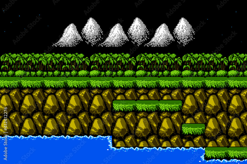 Retro style soldier army action gun shooting Contra video game jungle ...