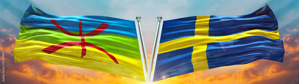 Sweden Flag and Amazigh Kabyle flag waving with texture sky Cloud and ...