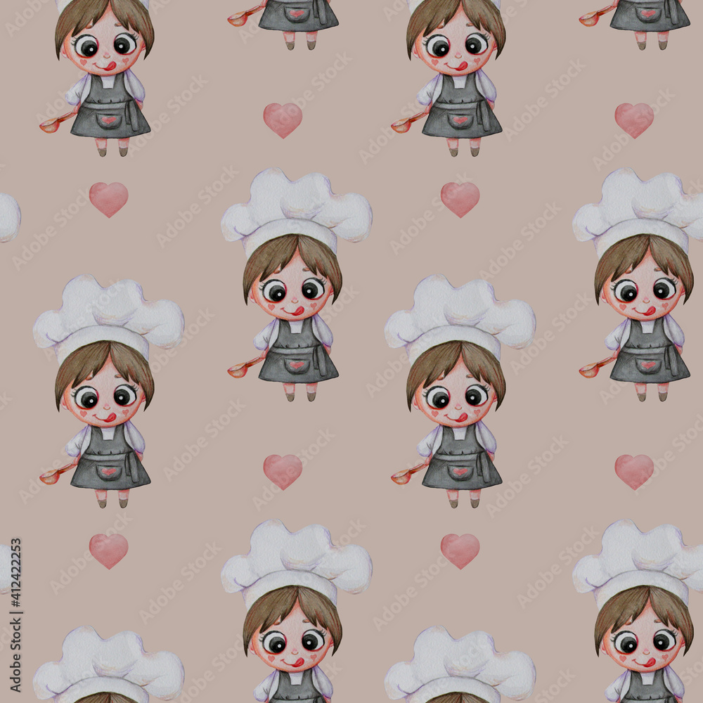 Seamless patterns. A little chef girl in a chefs hat and apron stands ...