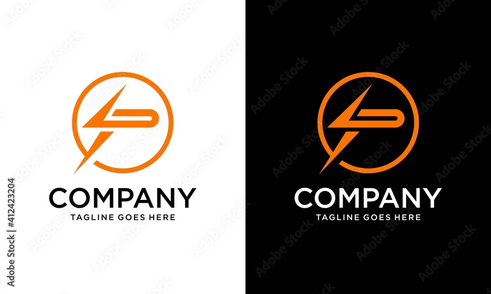 Power logo. circle P letter and lightning on the black background. P ...