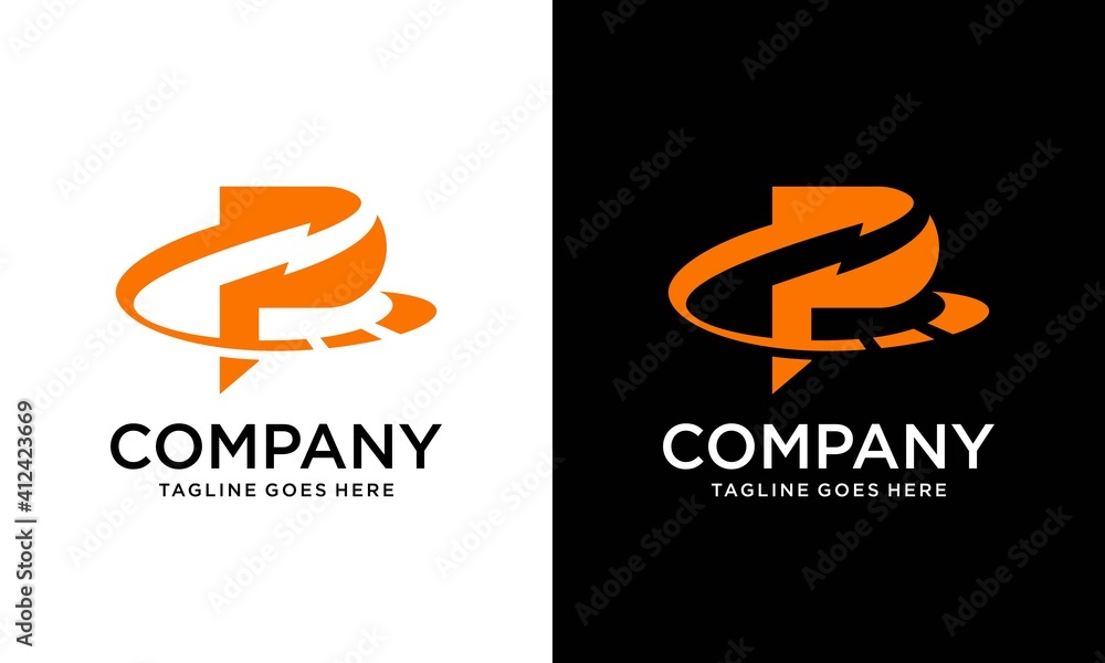 Power logo. P letter and lightning on the black background. P monogram ...