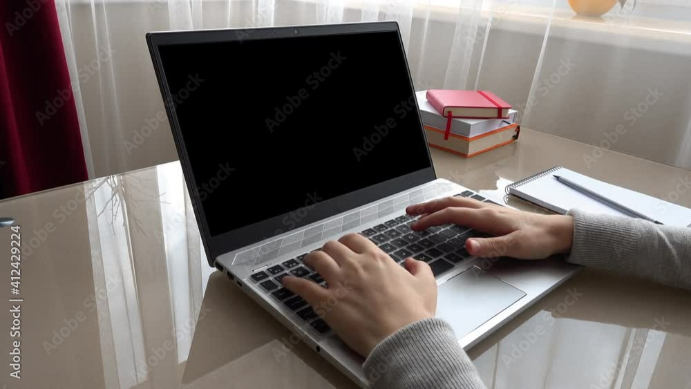The girl working at home office hands on keyboard. Alpha channel ...