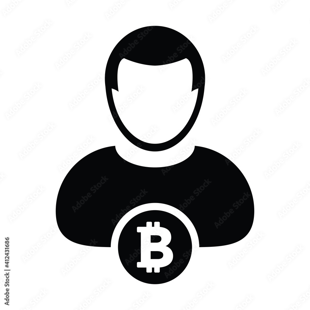 Bitcoin icon vector cryptocurrency symbol with male person profile ...