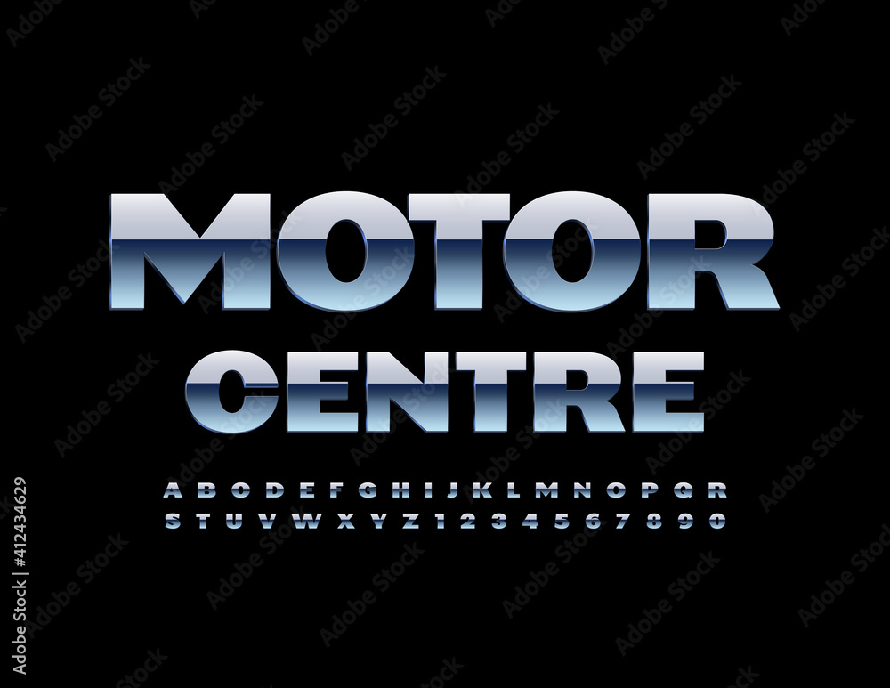 Vector bright sign Motor Center. Metallic 3D Font. Silver Alphabet ...