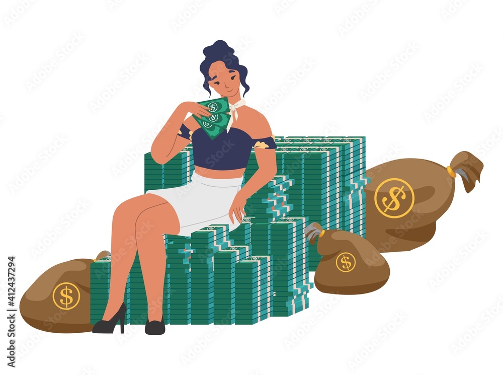 Rich girl sitting on dollar bills, cash money stack, flat vector ...