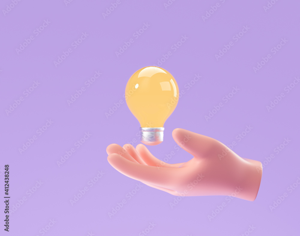 3D Cartoon hand holding lightbulb on purple background. thinking, good ...