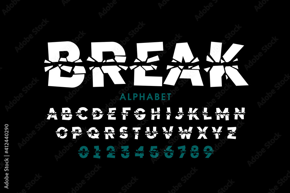 Broken style font, alphabet letters and numbers Stock Vector | Adobe Stock