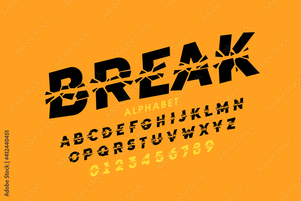 Broken style font, alphabet letters and numbers Stock Vector | Adobe Stock