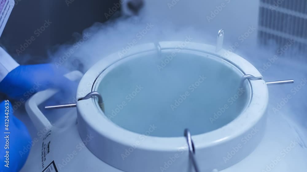 Cryogenic container with reproductive cells, Haze and fog comes out ...