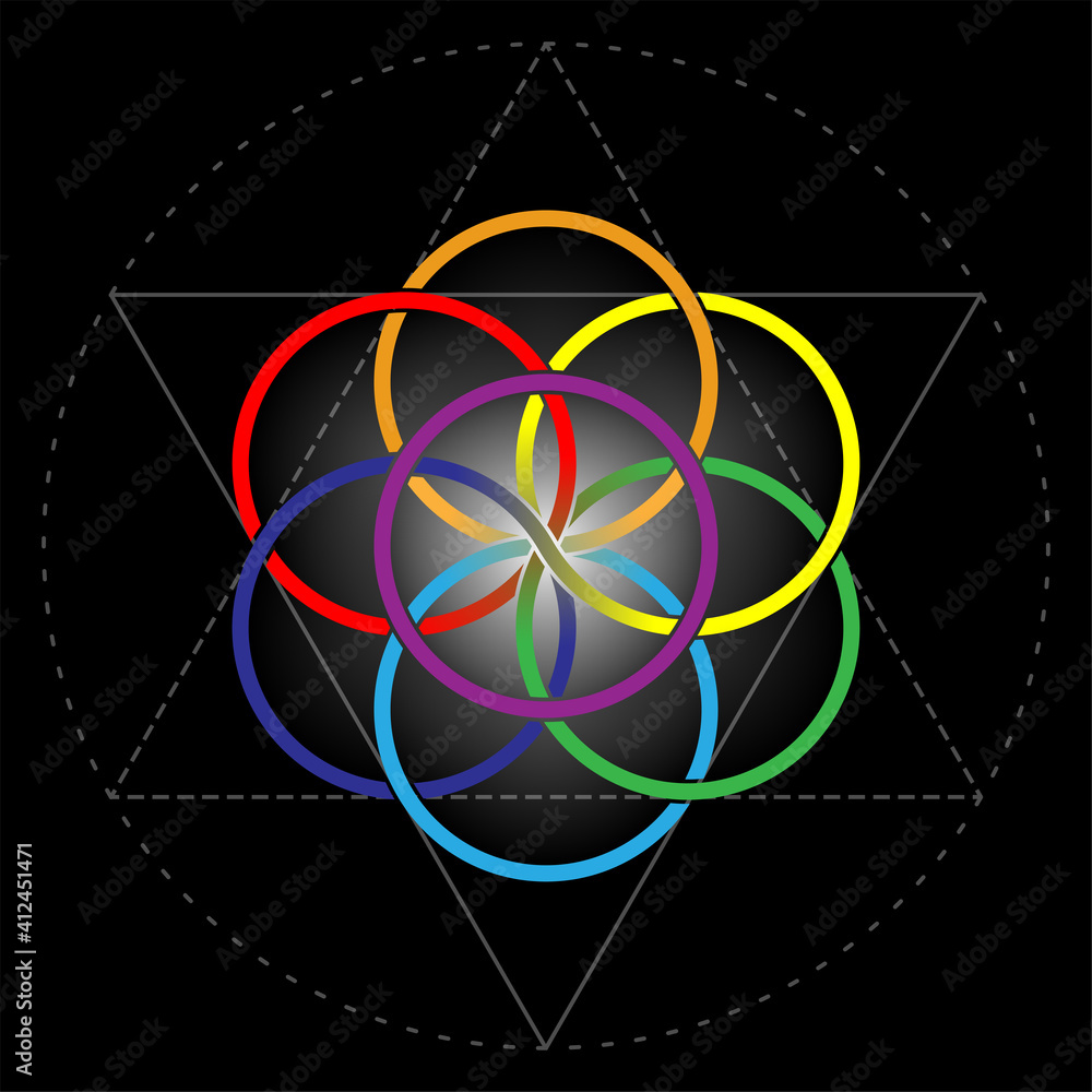 Seed of life, colorful vector symbol isolated on black background ...